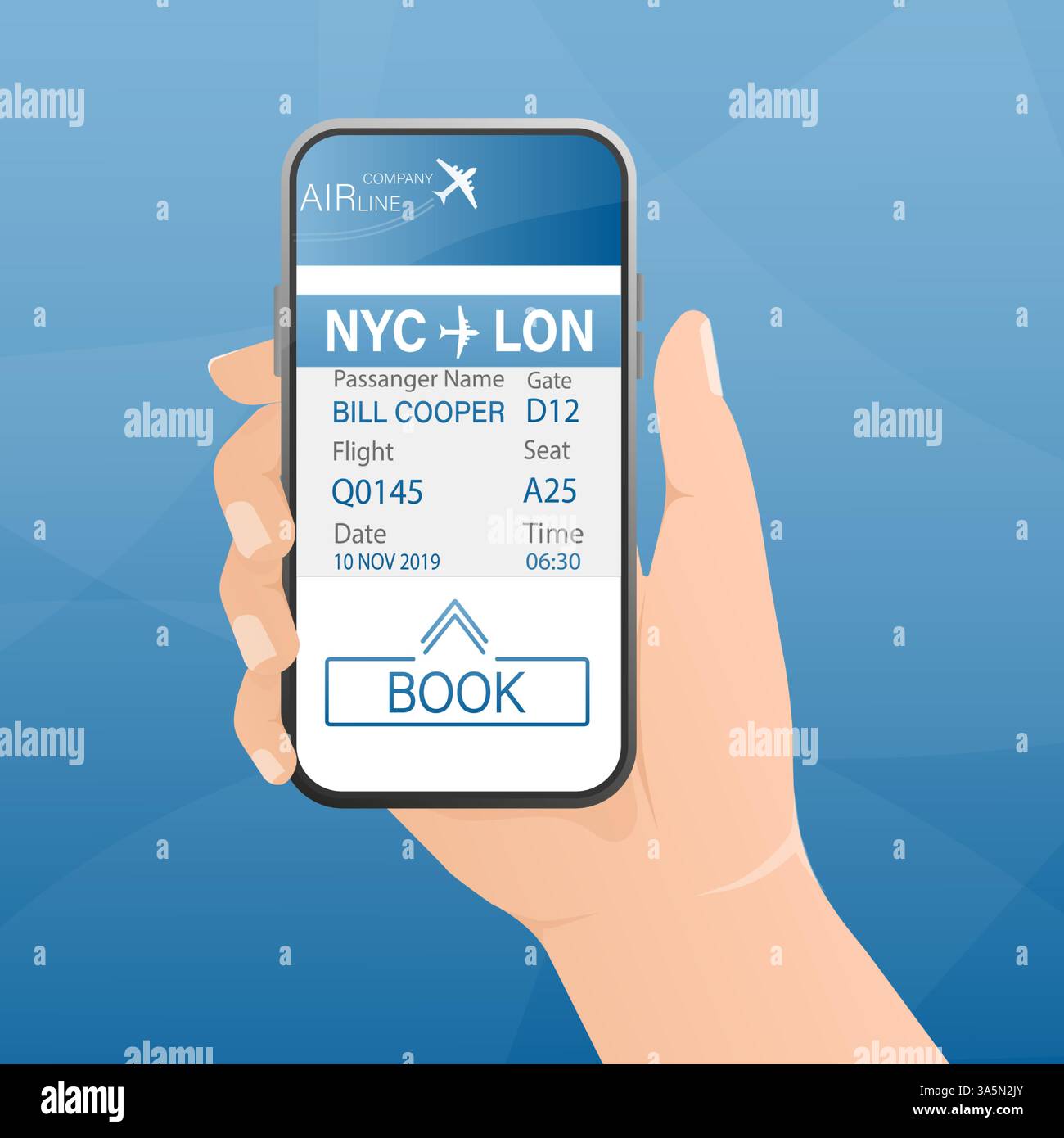 Airline tickets online with hands and smartphone in flat style ...