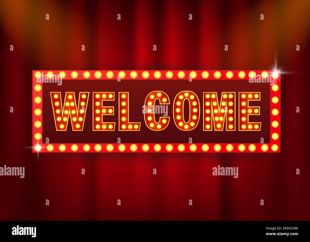 Retro banner welcome on purple backdrop. Light effect. Bright star ...