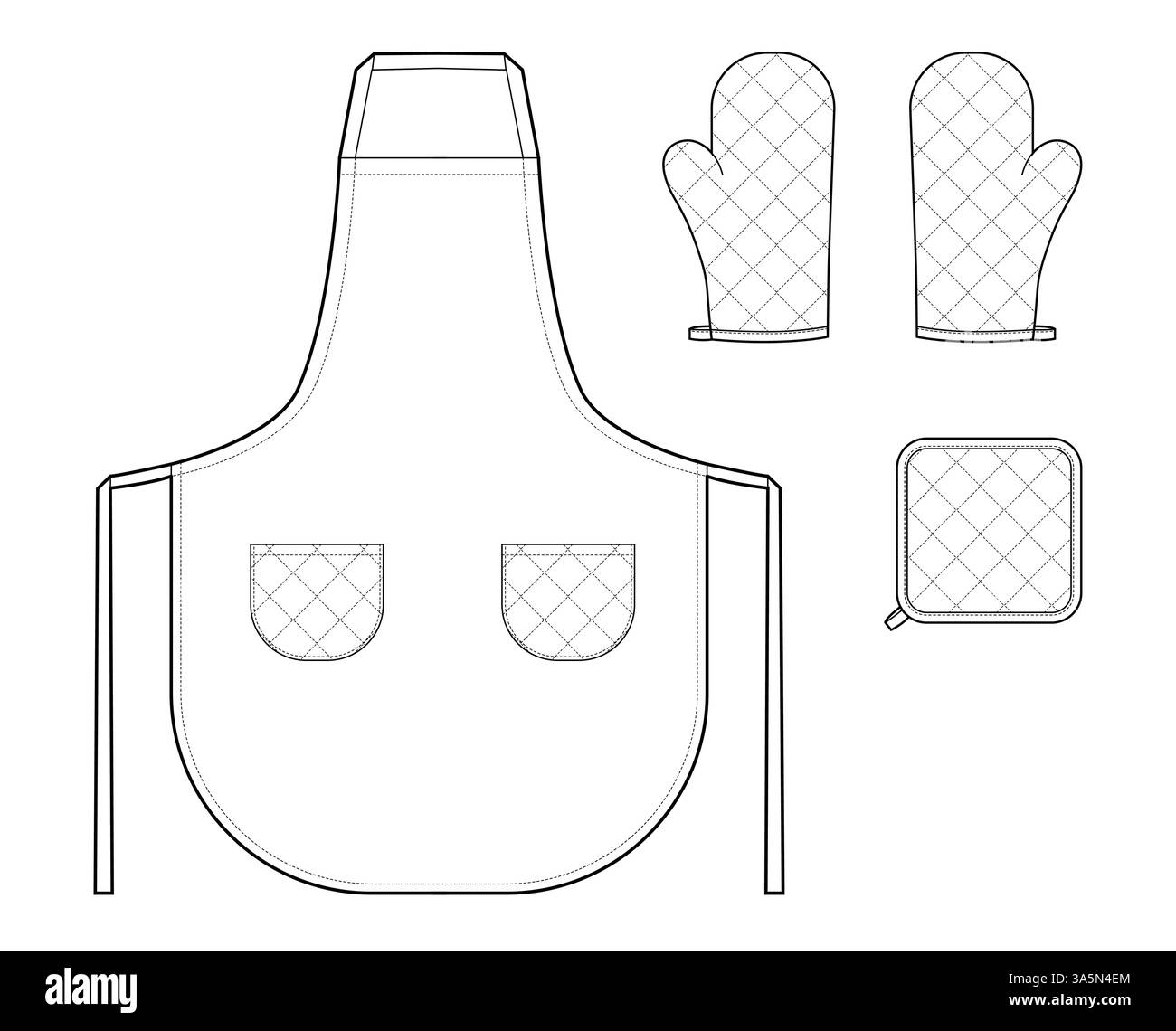 Set of Aprons, Oven Gloves and potholder technical fashion illustration ...