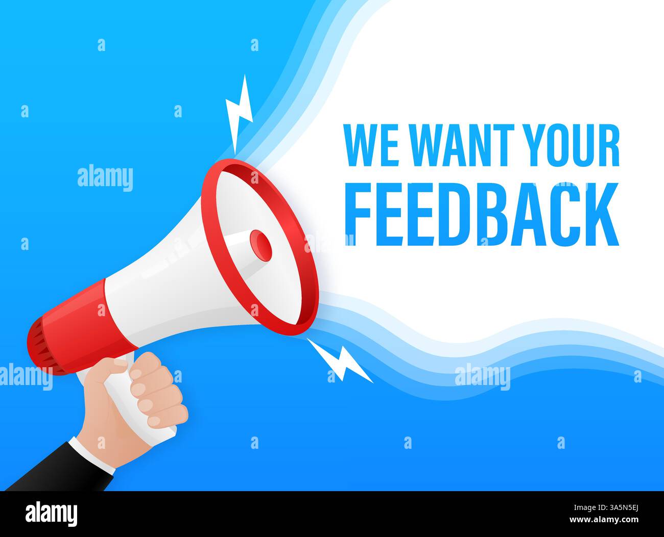 Template with blue we want your feedback hand holding megaphone on red ...
