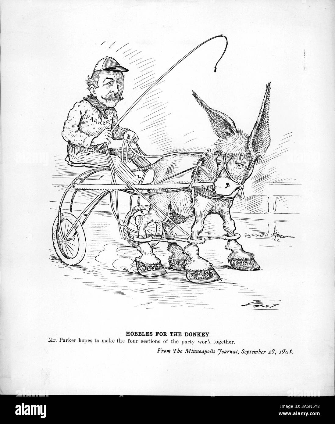 This political cartoon shows Alton Parker's race cart tying the ...