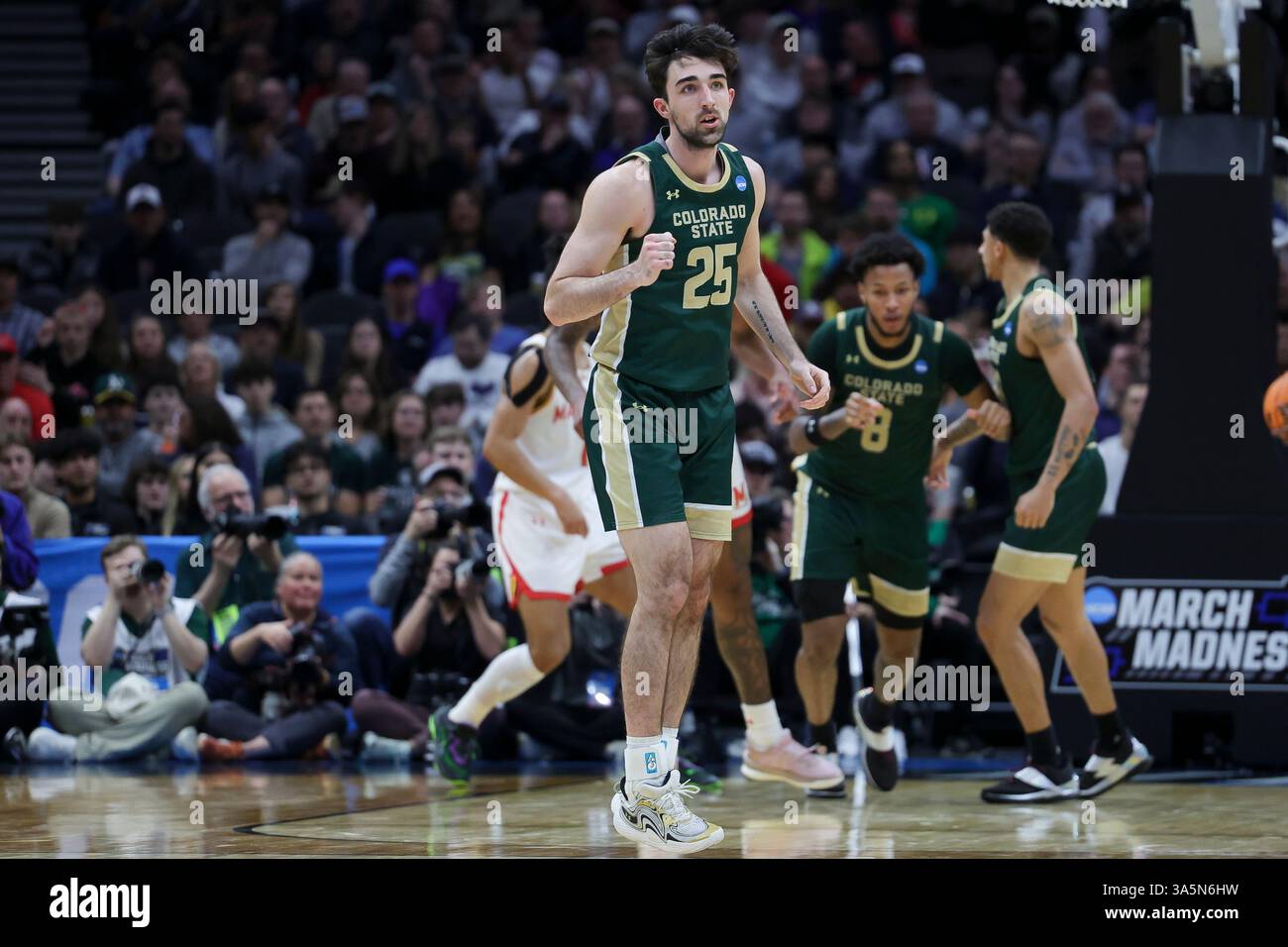 Colorado State guard Ethan Morton reacts against the Maryland during the first half in the ...