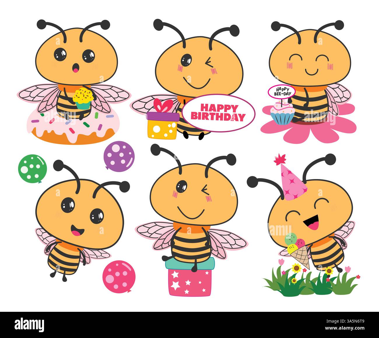 Bee birthday character clipart flat icon set. Yellow honey bee clip art ...