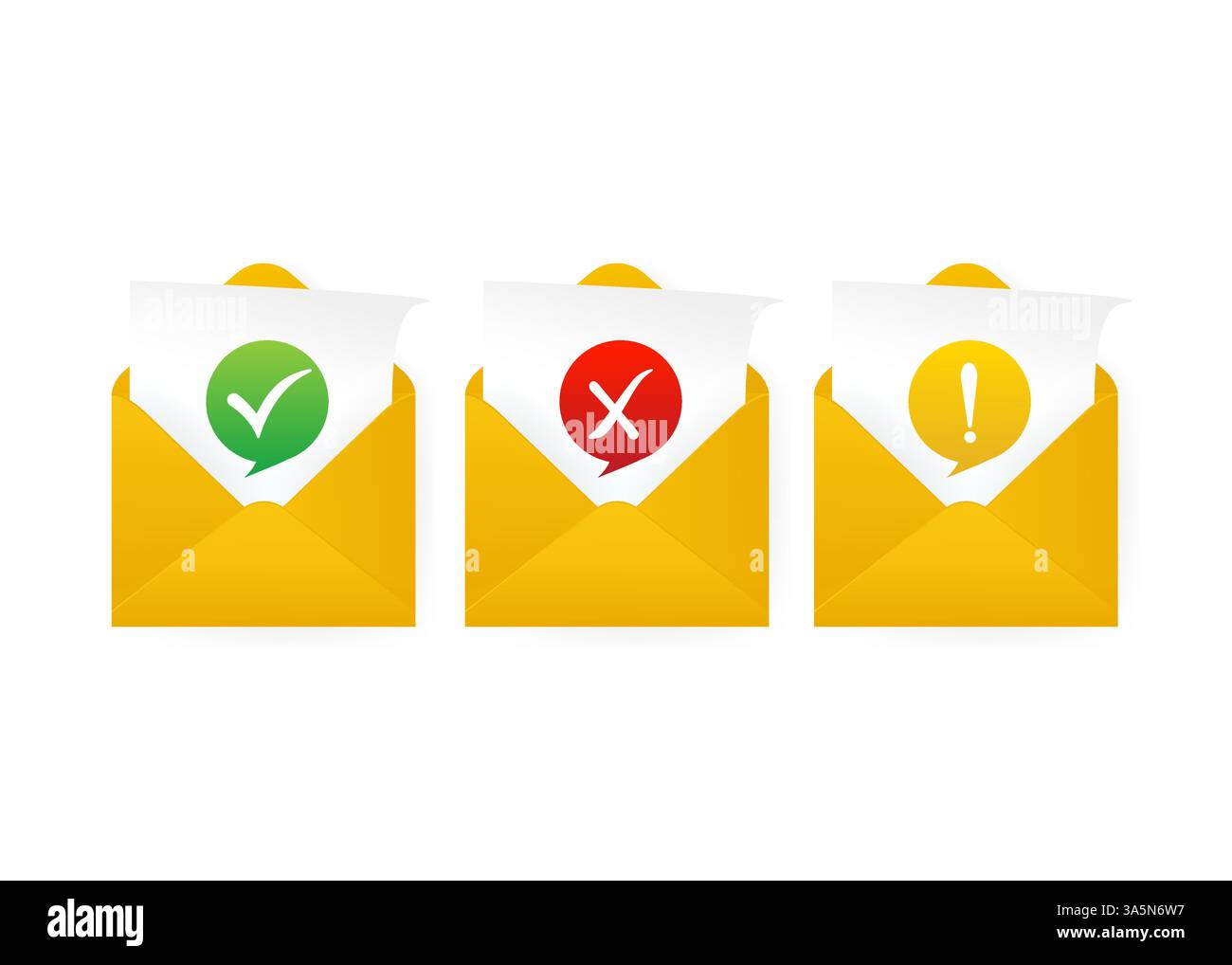 Check mark in envelope. Approved, rejected and warning message. Yellow ...