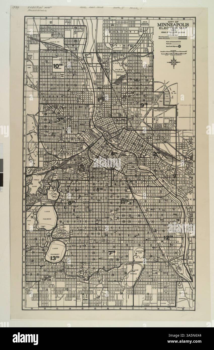 This 1939 street map of Minneapolis highlights the city's ward and ...