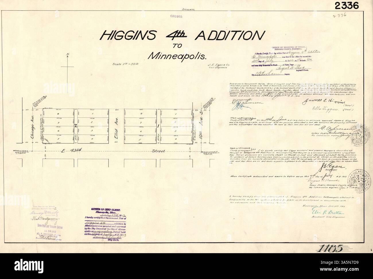 This map shows the layout of the Higgins 4th Addition in Minneapolis, a ...