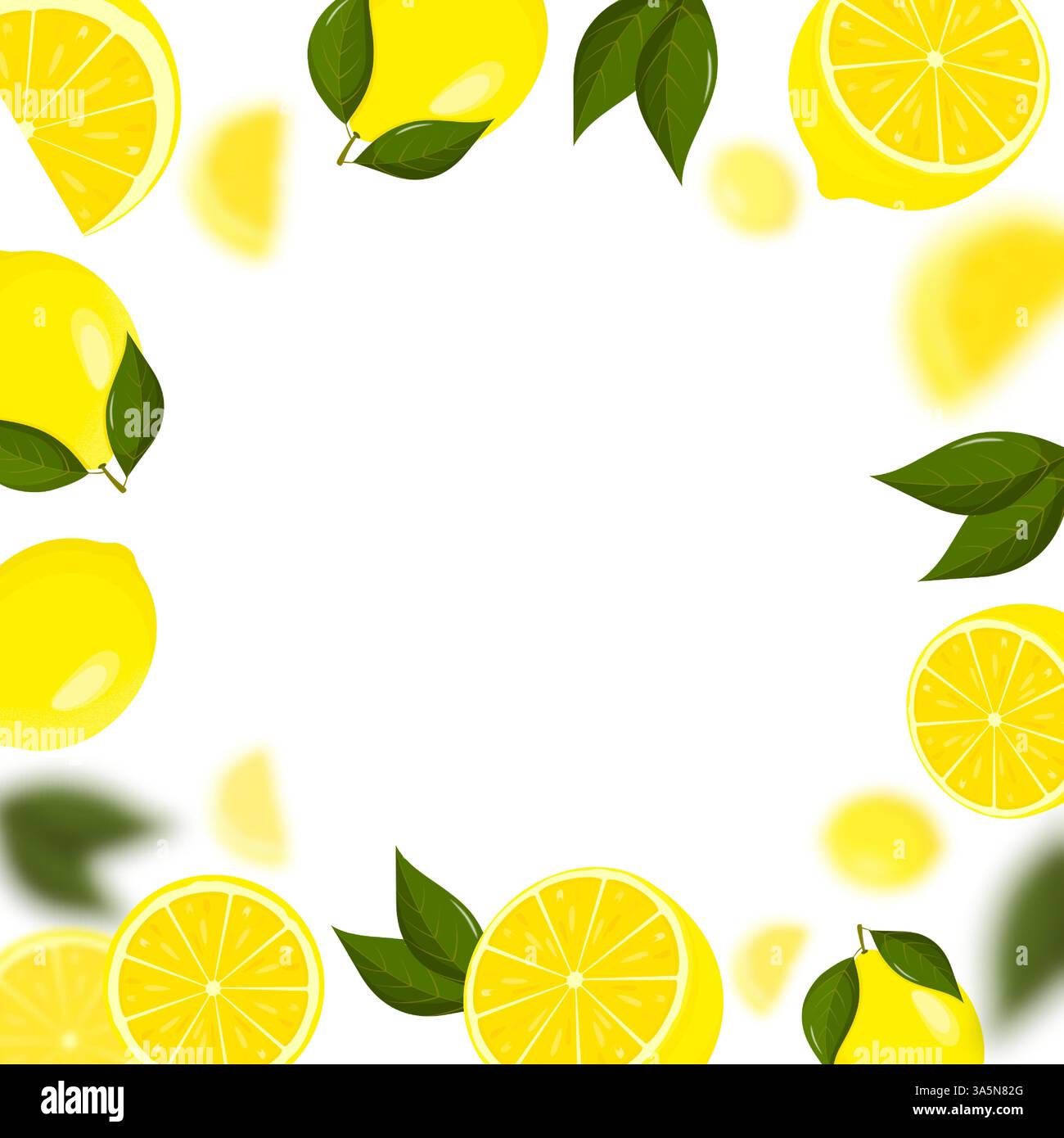 Lemon falling from different angles. Lemon citrus background. Flying Lemon with green leaf on ...