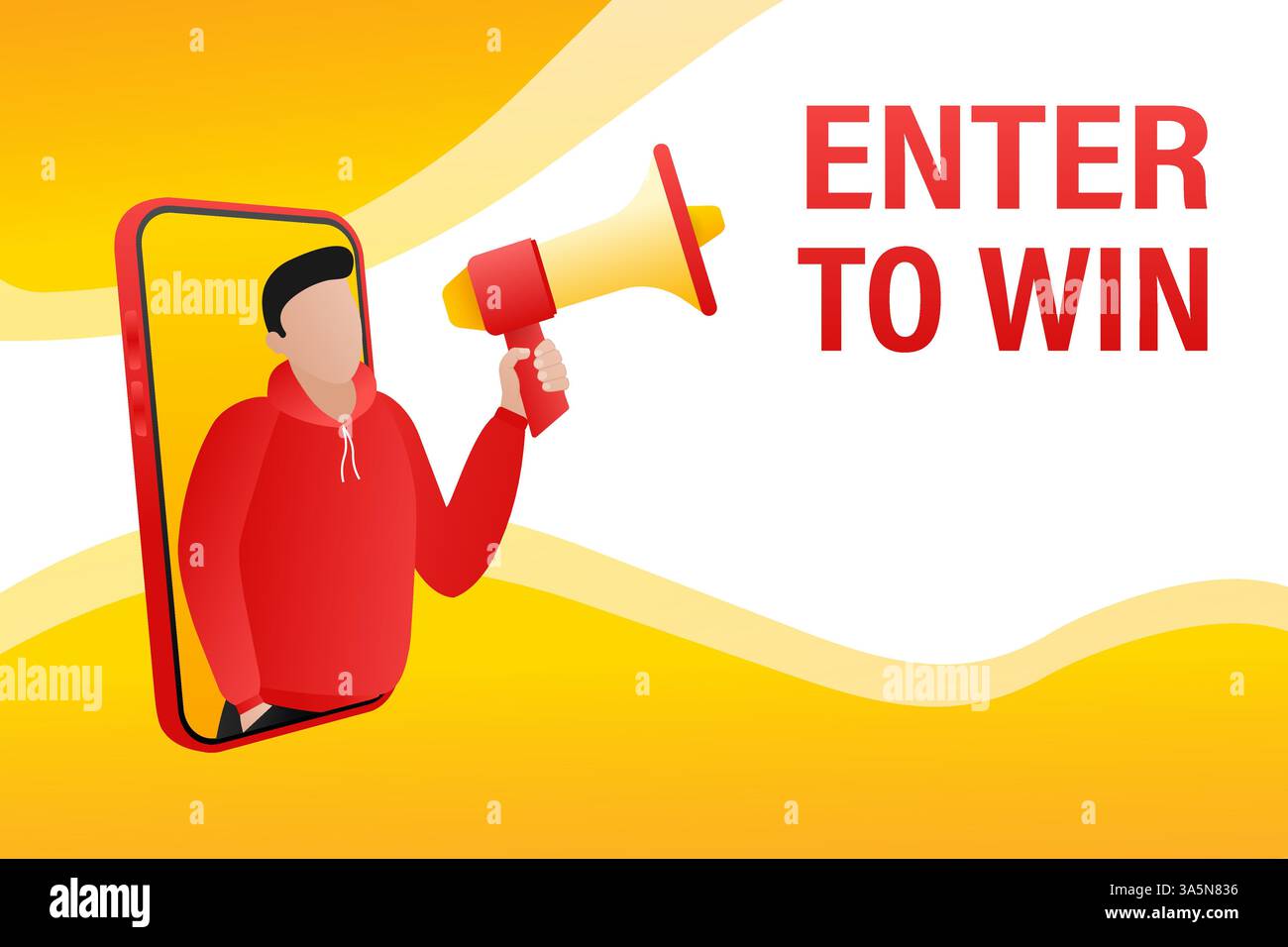 Template with enter to win man holding megaphone on white background ...
