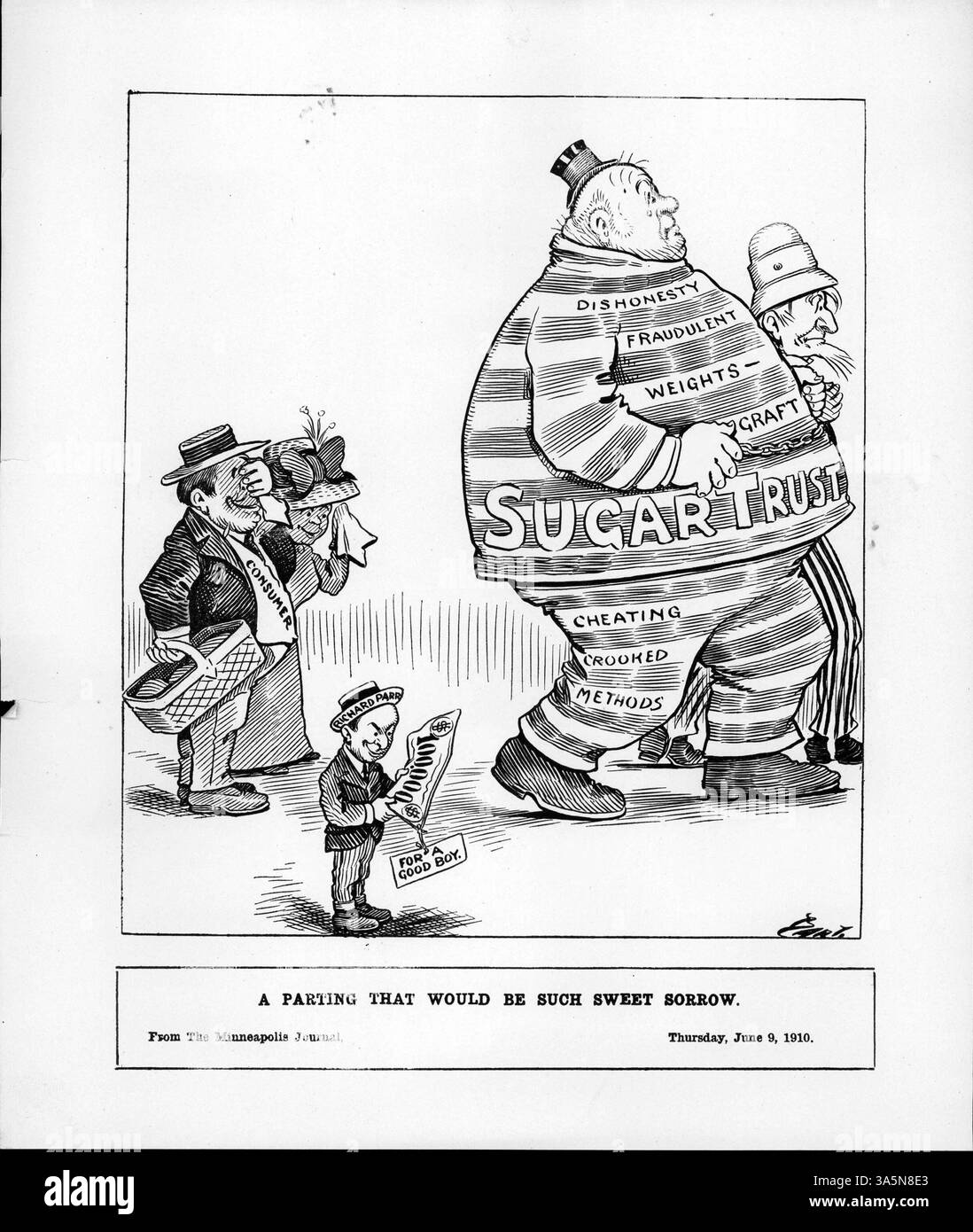 This political cartoon depicts a man in prison stripes, labeled with ...
