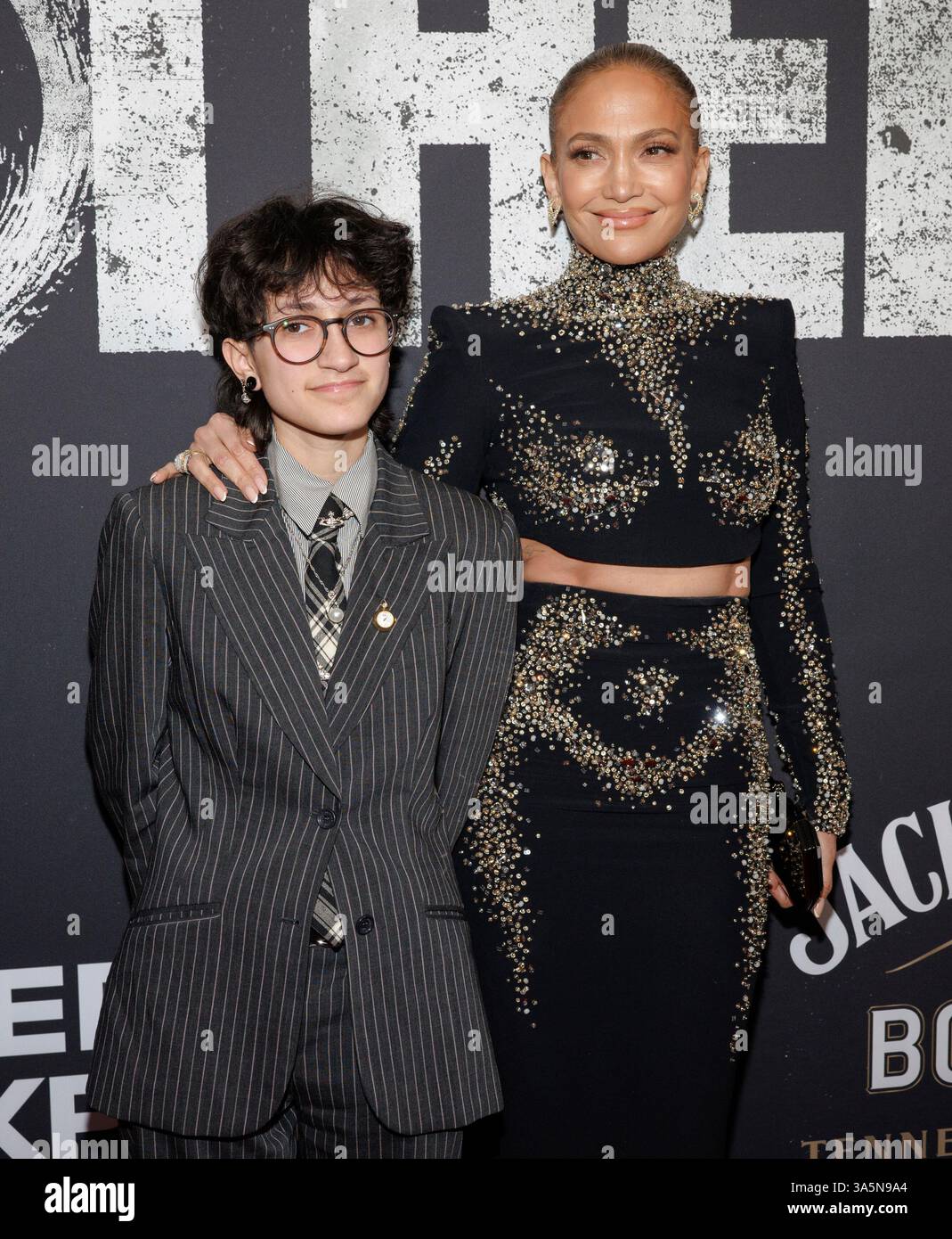 Emme Muñiz, left, and Jennifer Lopez attend the Broadway opening night ...