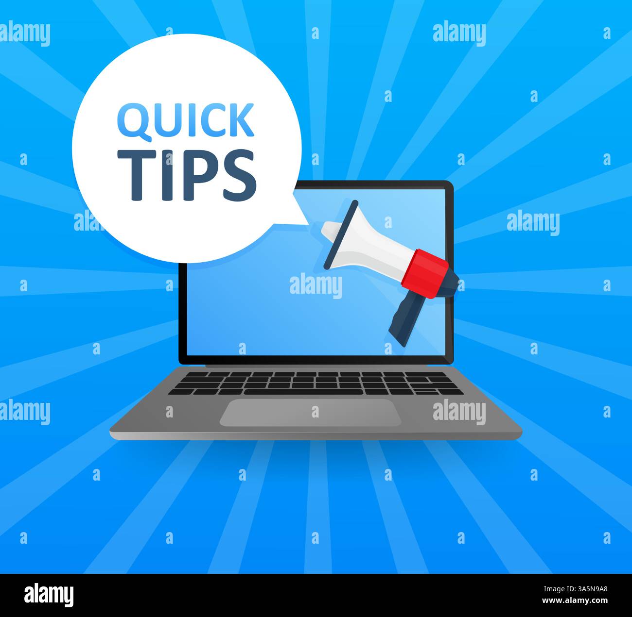 Laptop screen with megaphone. Quick tips! Emblem, label, badge. Text in ...