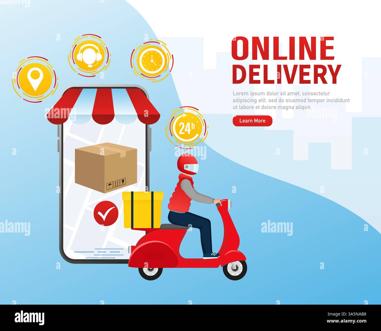Flat infographic with red online delivery for mobile app design. Food ...