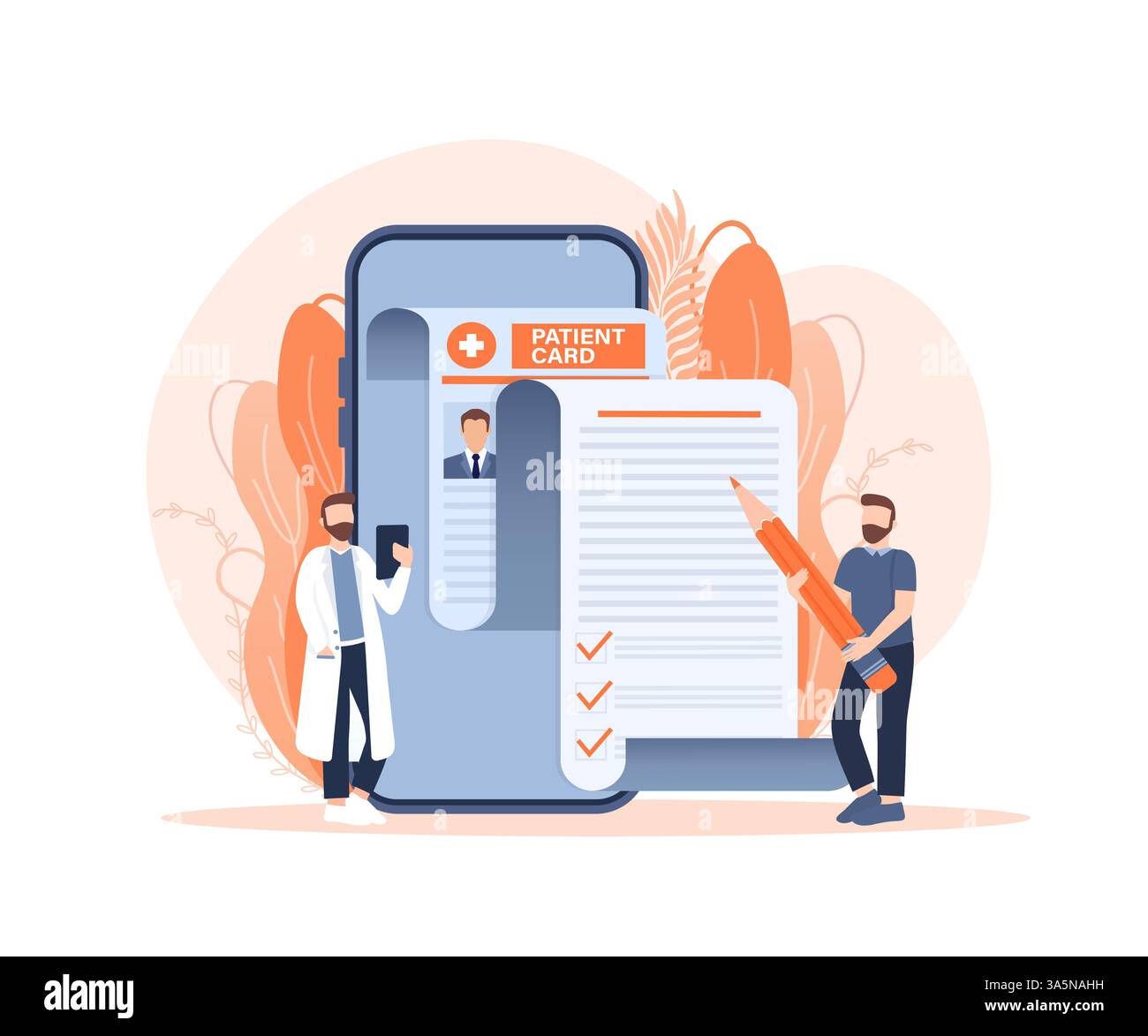 Patient card. Flat design vector illustration. Patient card with people ...