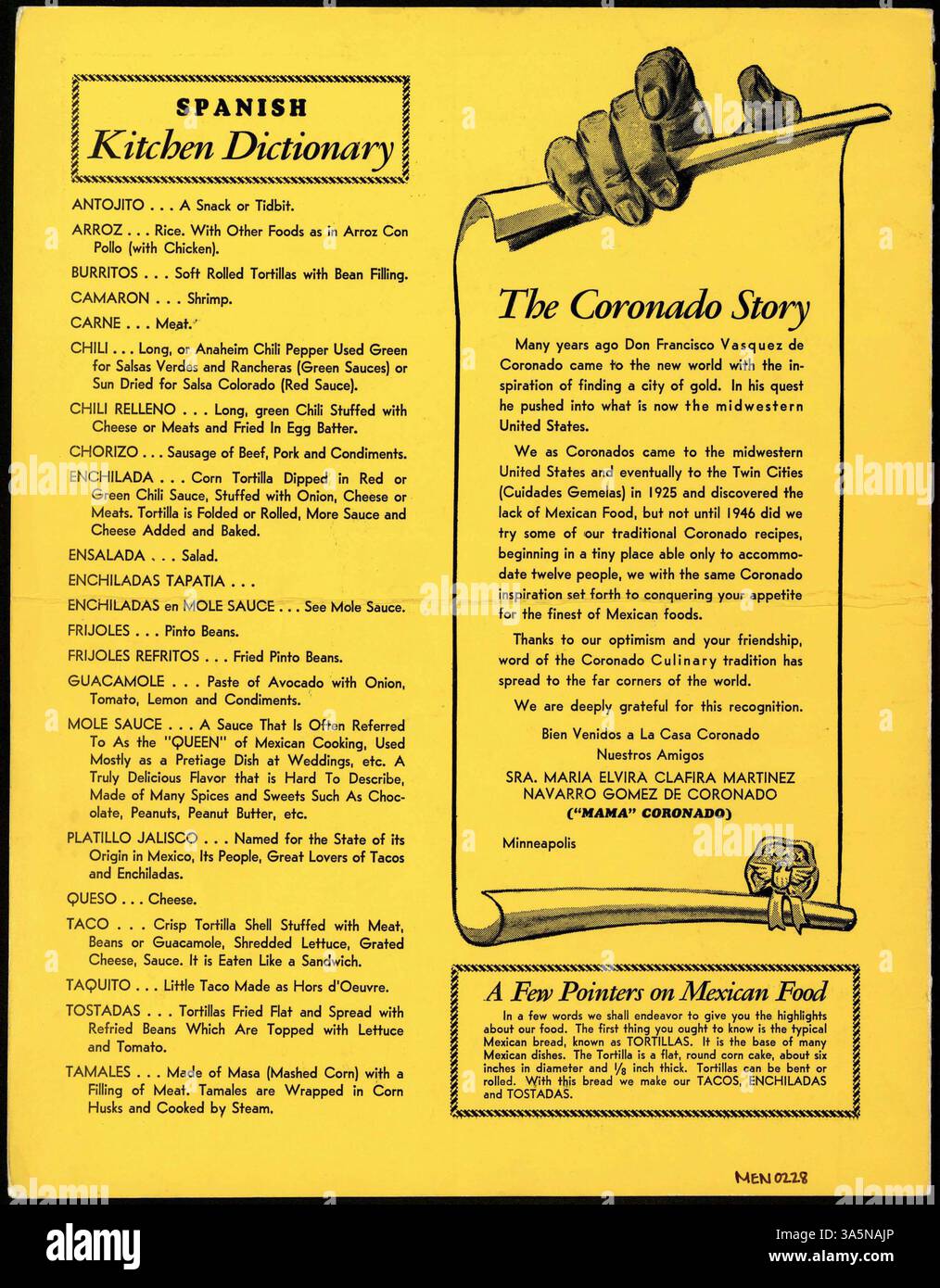 The bi-fold menu from La Casa Coronado features a yellow cover with a ...