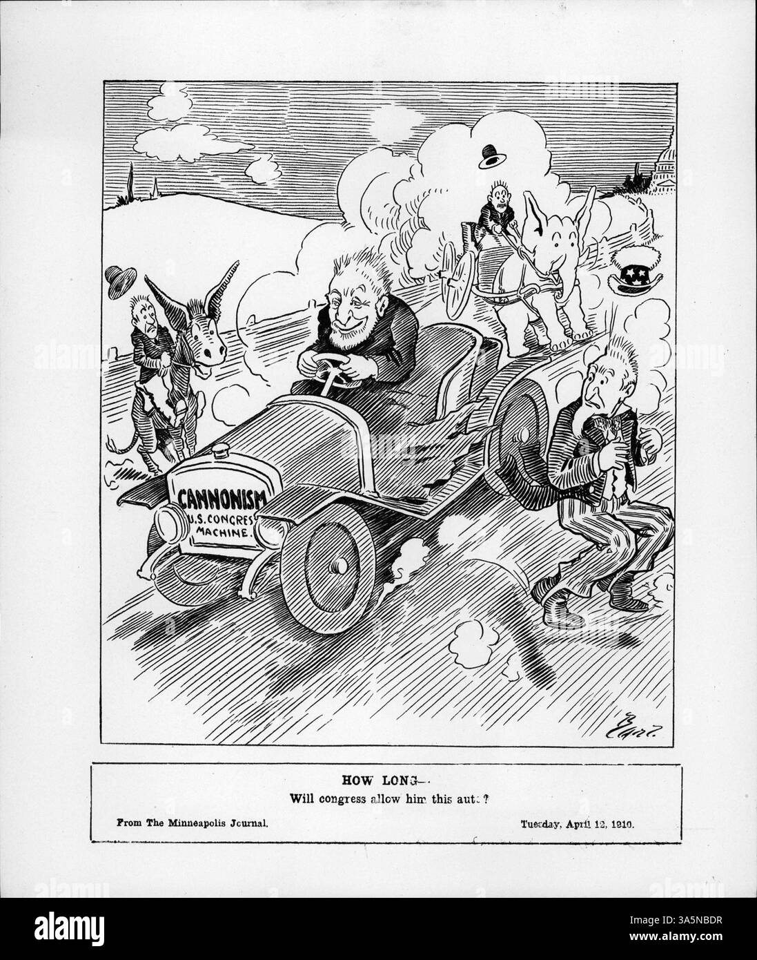 A political cartoon depicting Speaker Cannon driving a car recklessly ...
