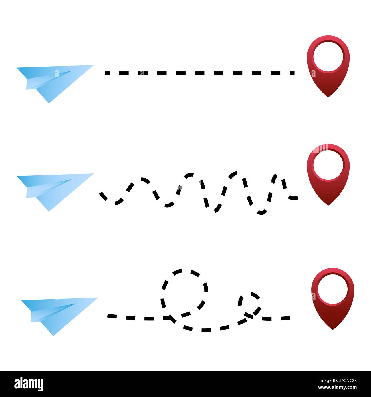 Paper plane path. Dashed travel routes. Red location markers. Vector ...