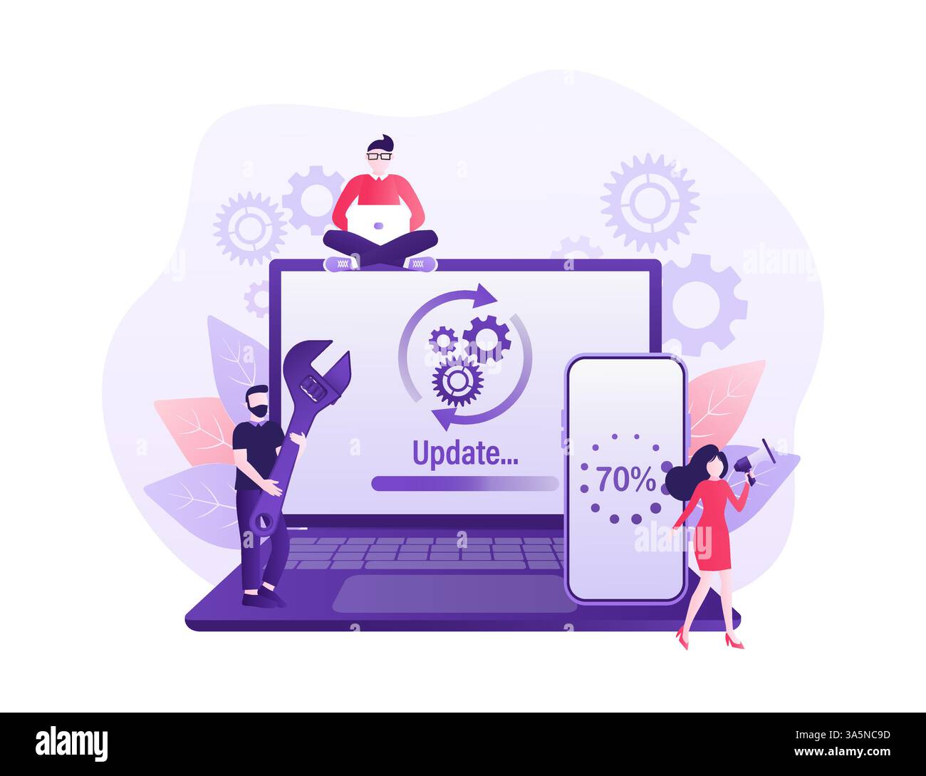 Cartoon software update people for mobile app design. Isometric vector ...