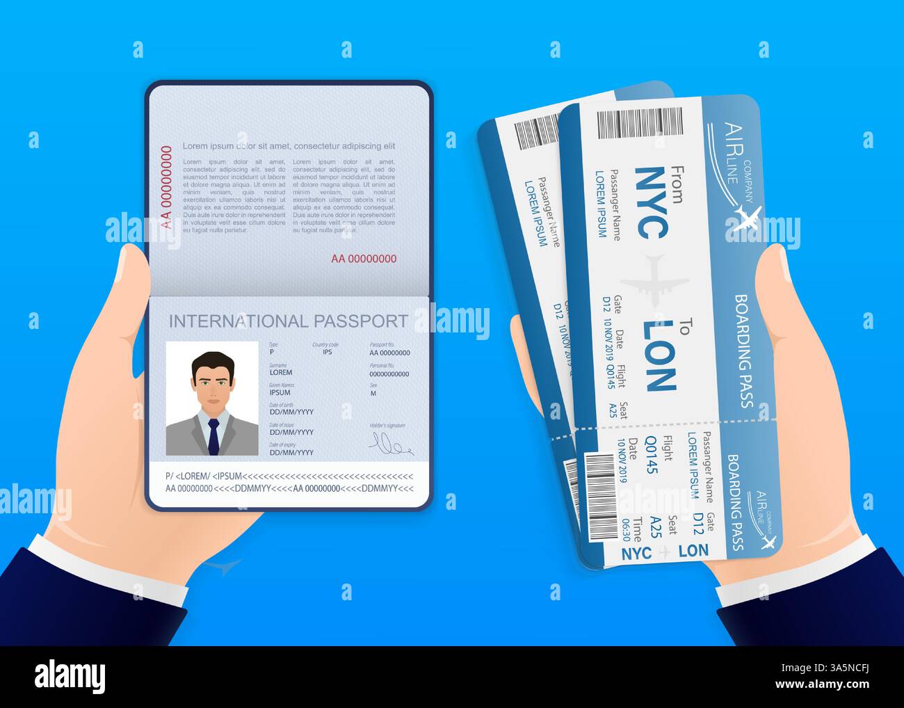 Airline tickets, great design for any purposes. Hands with passport and ...