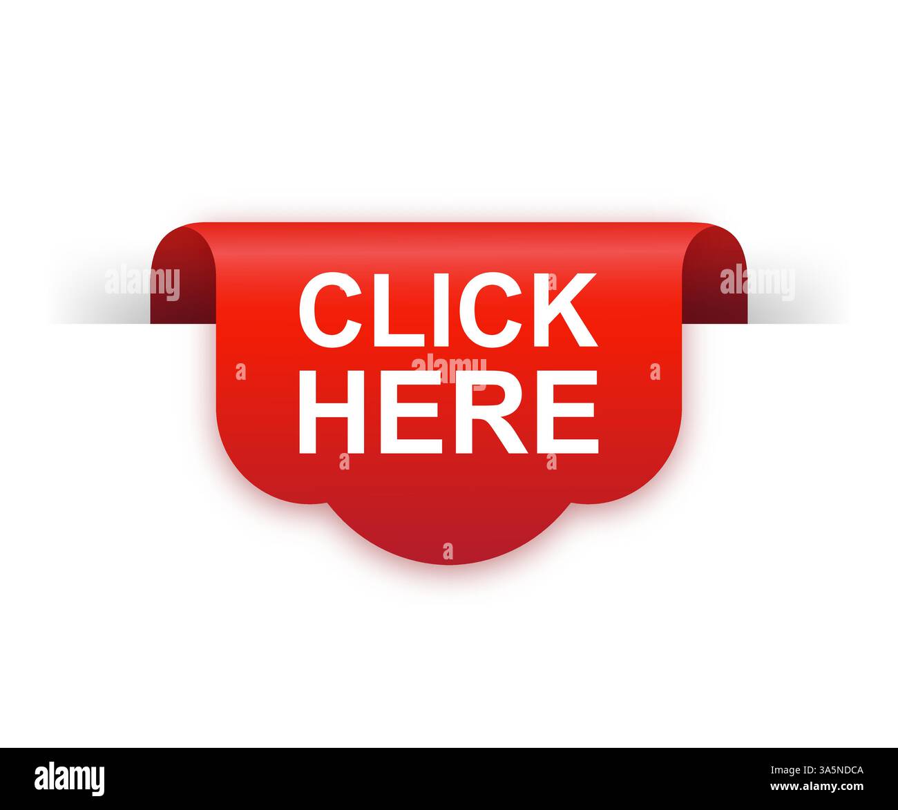 Click here red ribbon isolated on white background. Red label, banner ...
