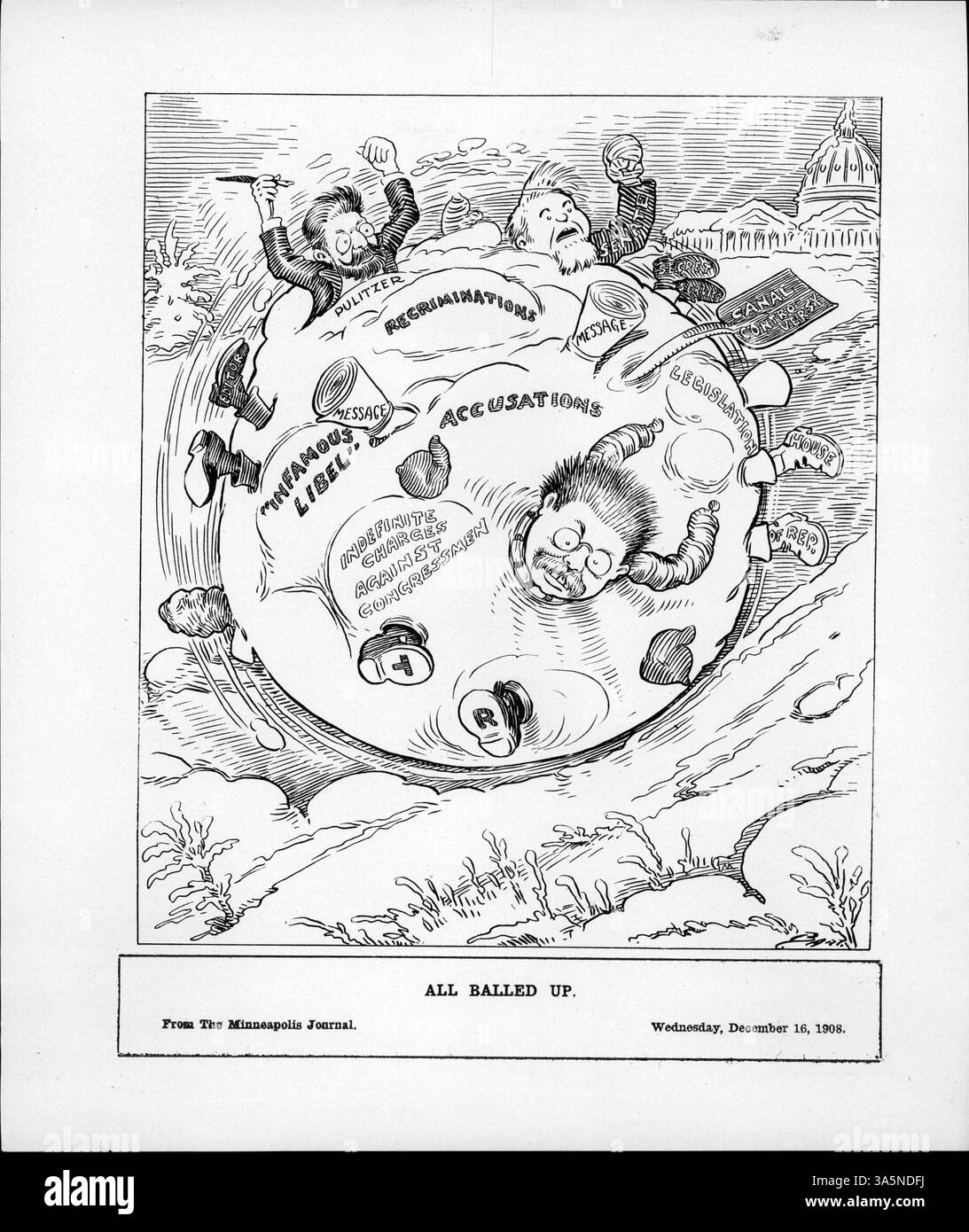 A cartoon depicts President Roosevelt, Joseph Pulitzer, Congress, and ...