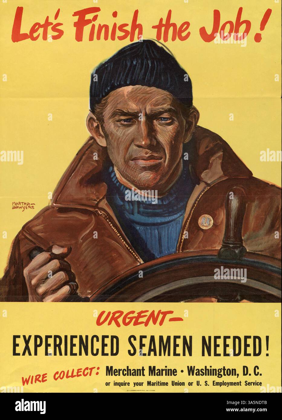 This 1944 image shows a civilian seaman steering a ship's wheel, with a ...