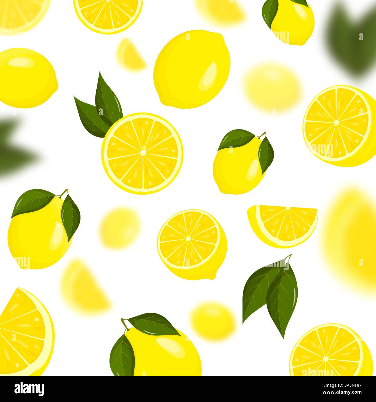 Lemon falling from different angles. Lemon citrus background. Flying Lemon with green leaf on ...