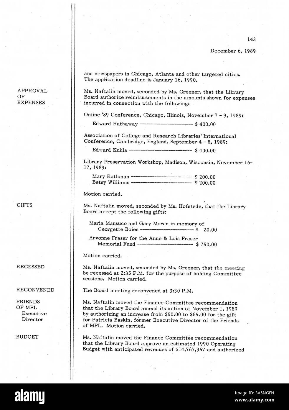 Record of the 1989 meeting minutes for the Minneapolis Public Library ...