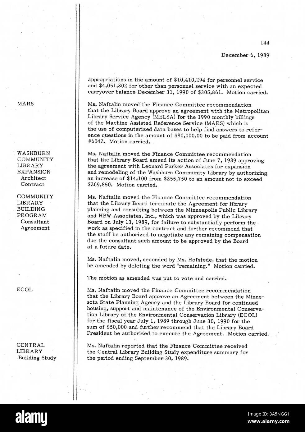 1989 minutes of the Minneapolis Public Library Board, documenting key ...