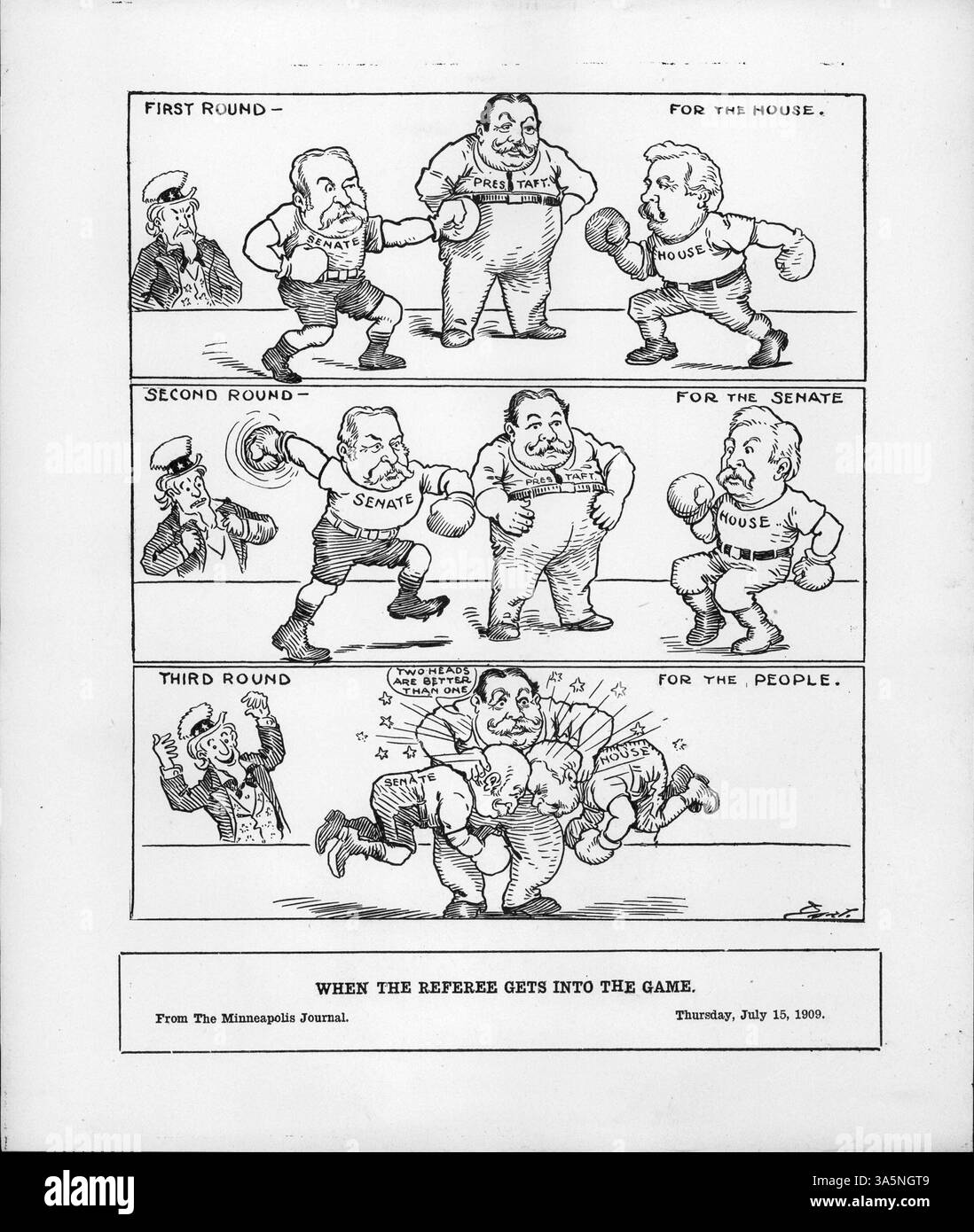 This political cartoon shows president taft refereeing a boxing hi-res ...
