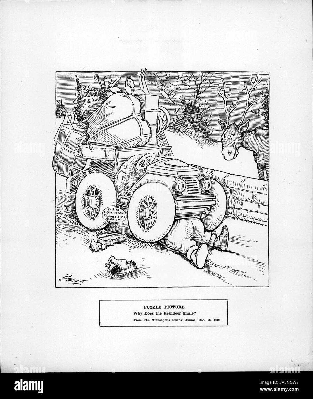 This cartoon humorously depicts Santa troubleshooting his car, showing ...