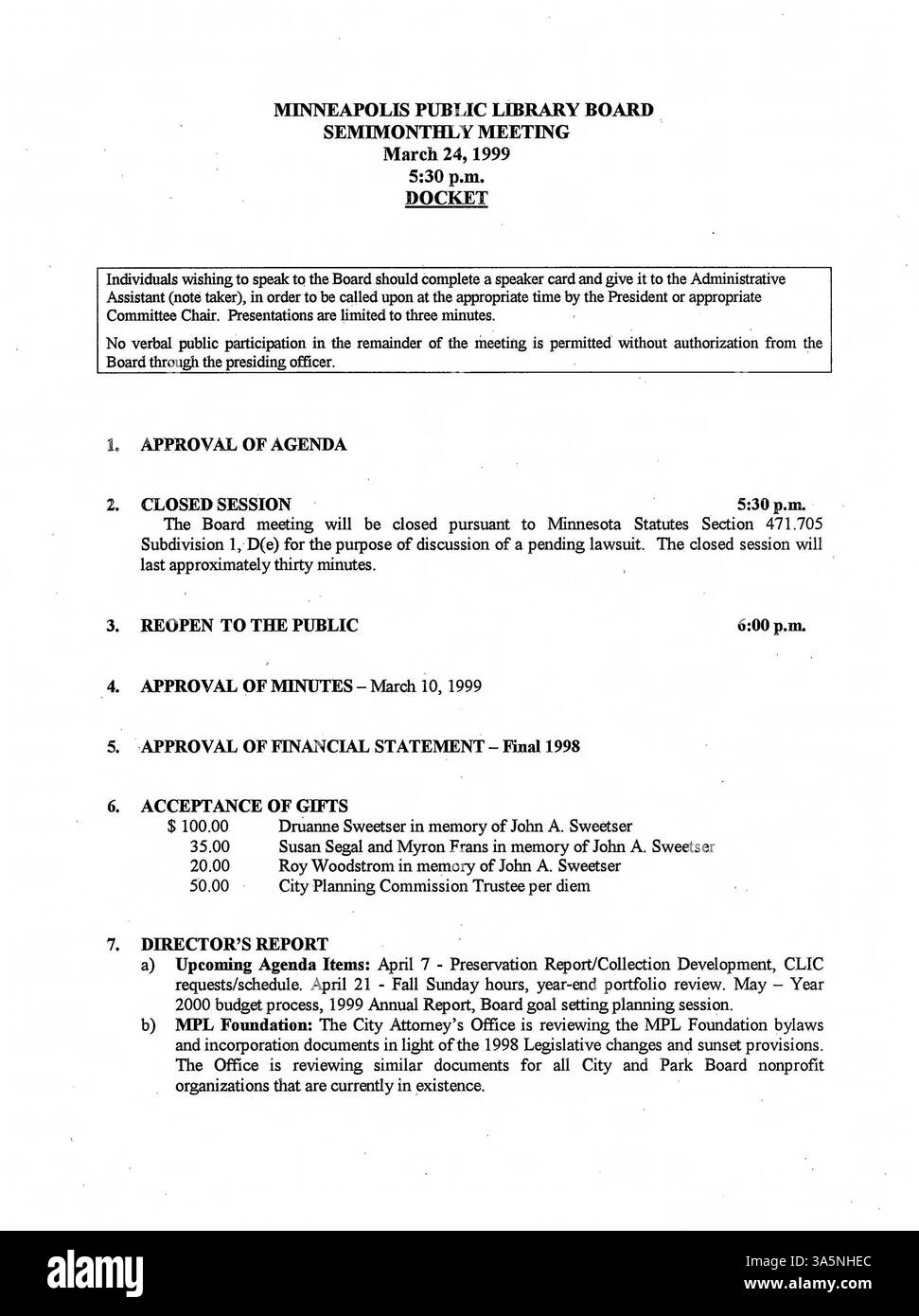 This record of the 1999 meetings of the Minneapolis Public Library ...