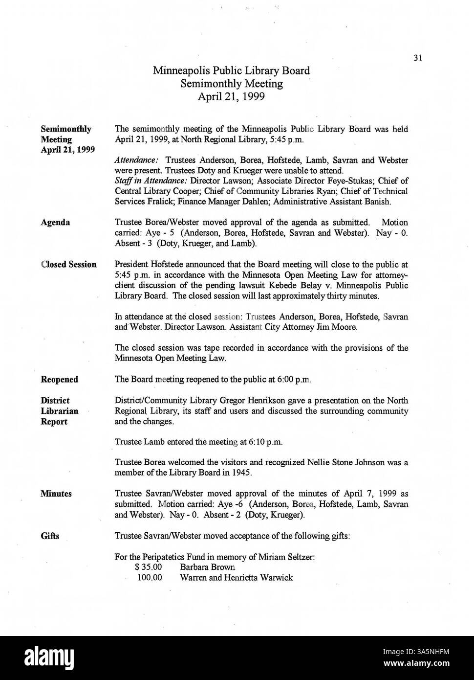 The 1999 minutes of the Minneapolis Public Library Board document ...