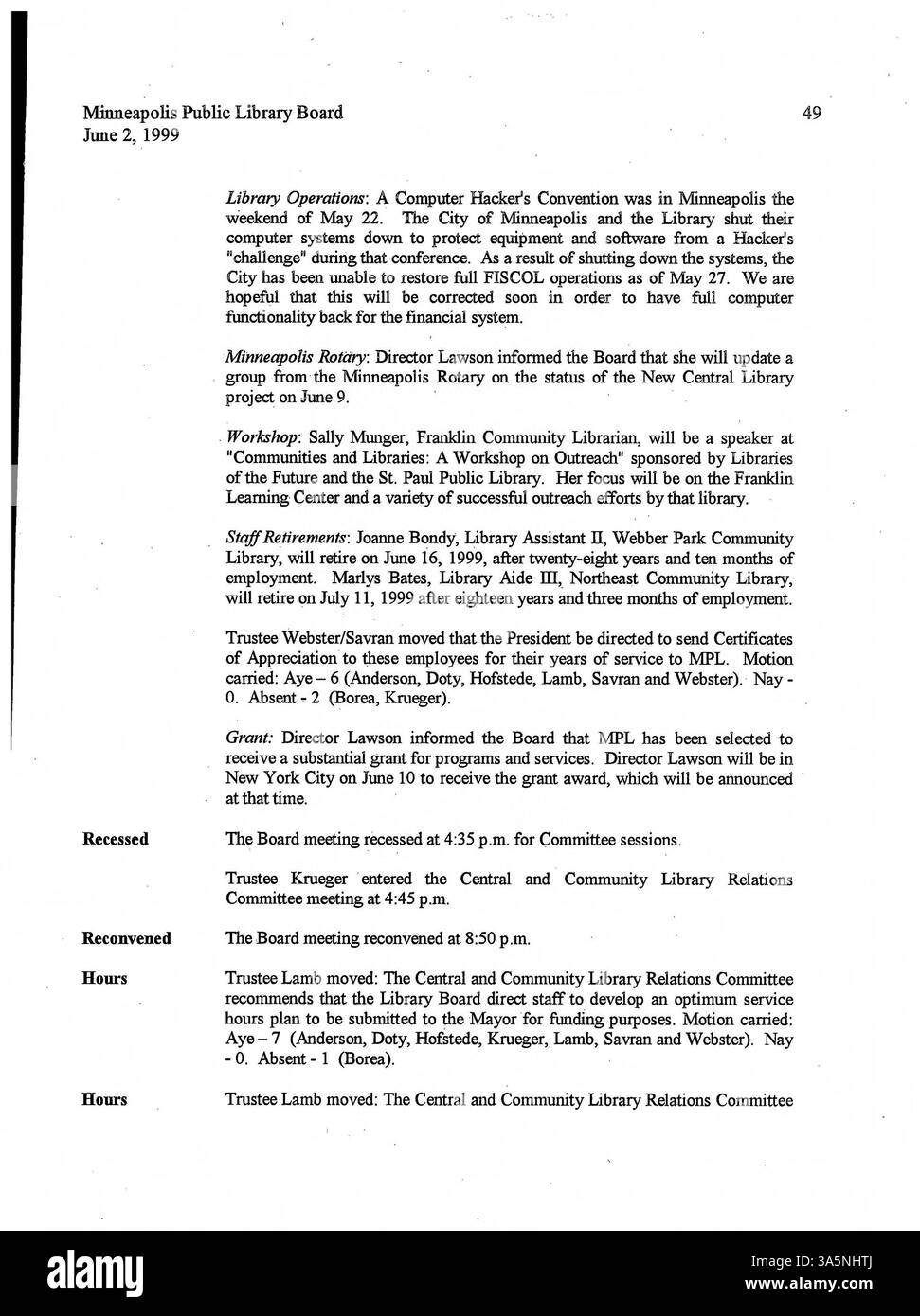These 1999 meeting minutes document the Minneapolis Public Library ...
