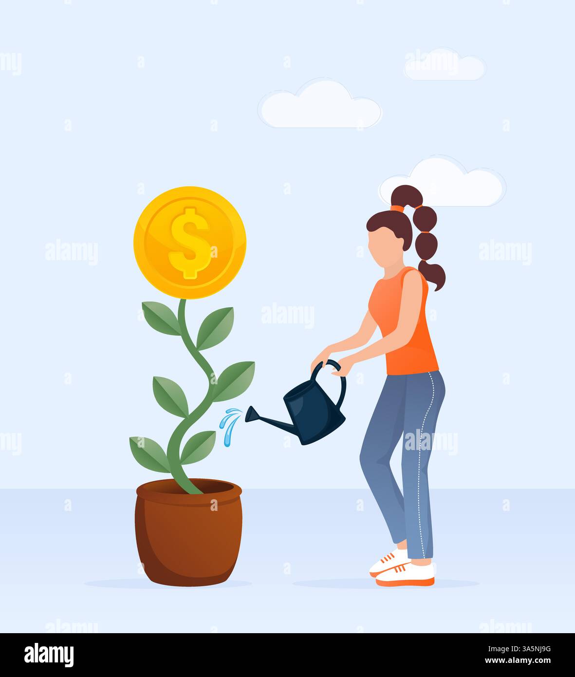 Hand with can watering money tree. Financial growth concept. Vectot ...