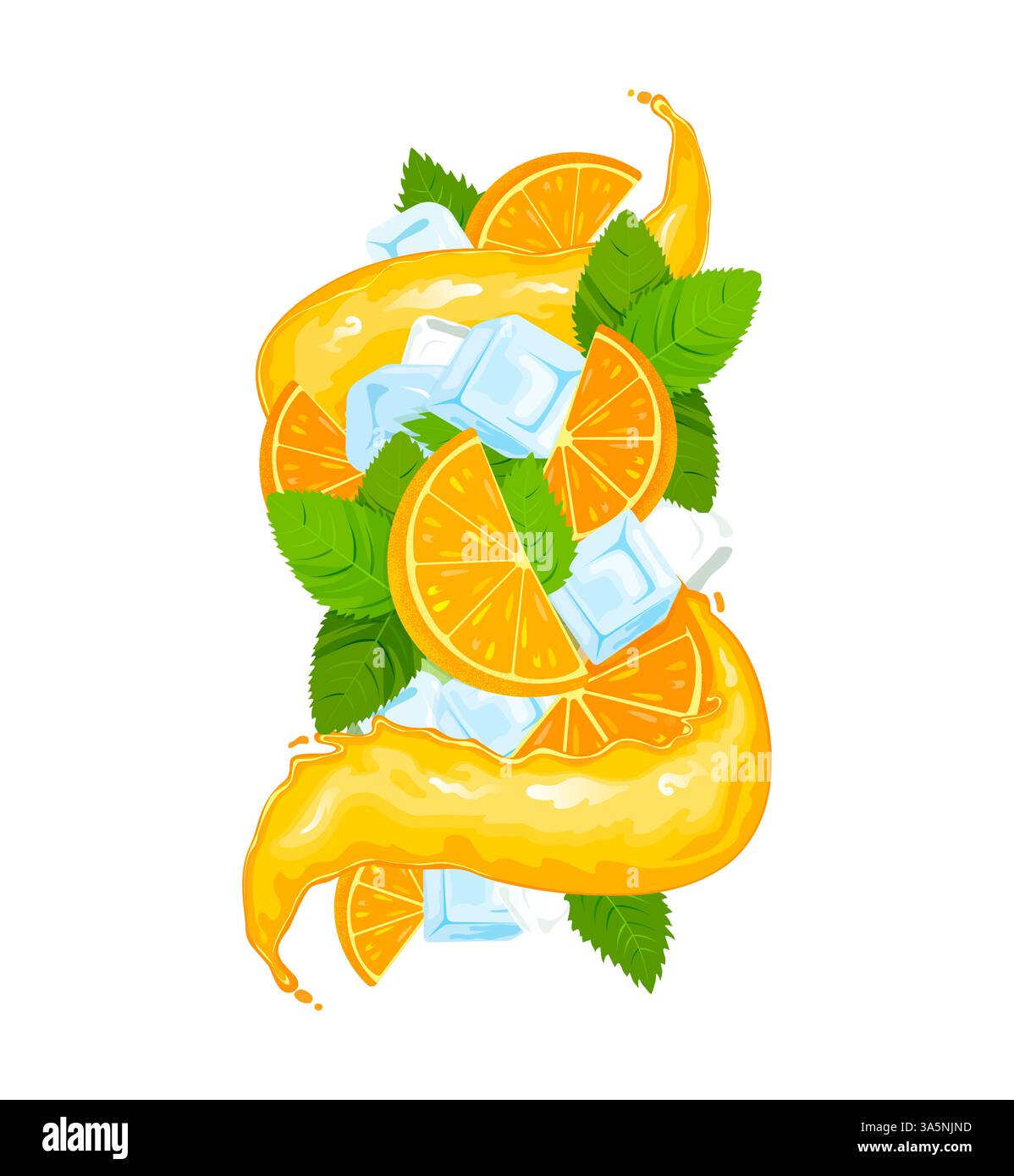 Orange juicy drink splash with flat style juice wave, ice cubes, lime ...