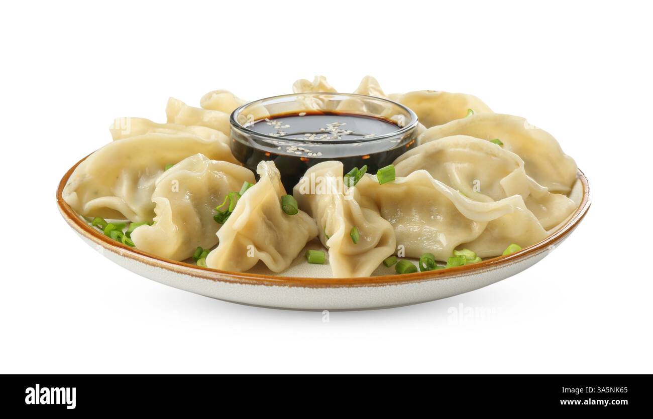 Tasty boiled gyoza (dumplings) with green onion and soy sauce on white ...