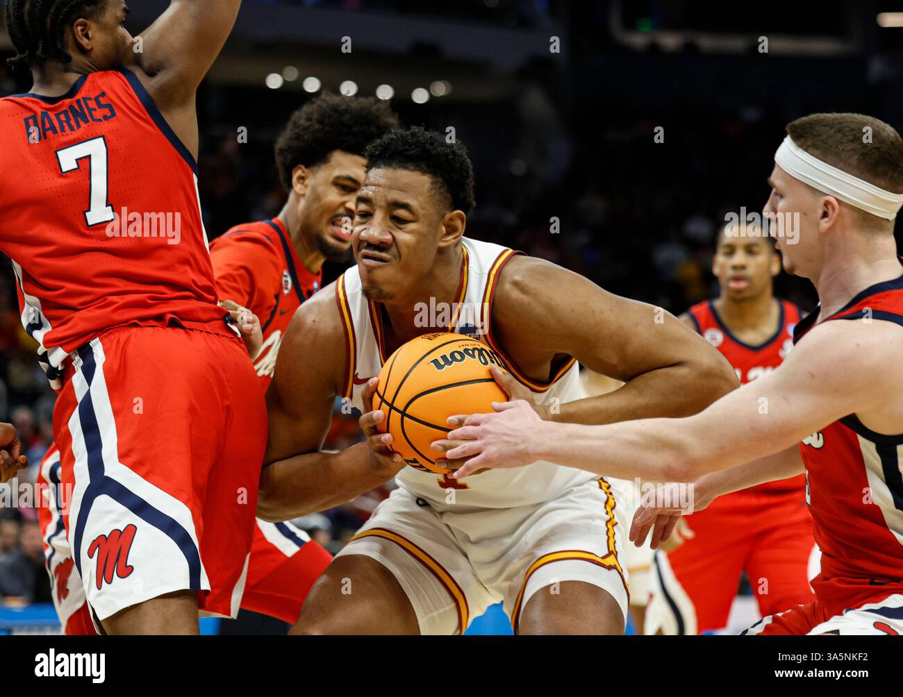 Iowa State center Dishon Jackson (1) drives against Mississippi during ...