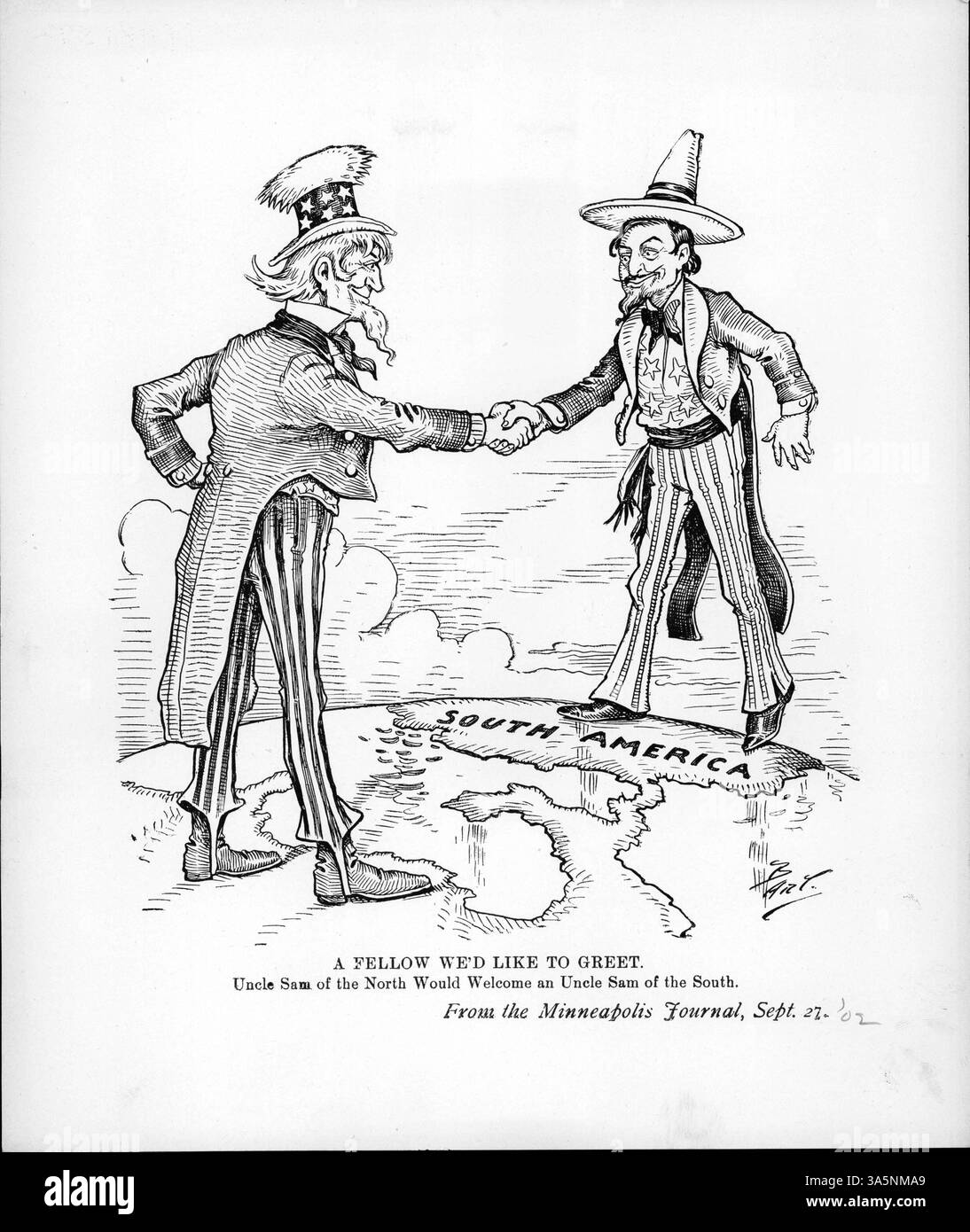 The image features Uncle Sam shaking hands with a South American ...