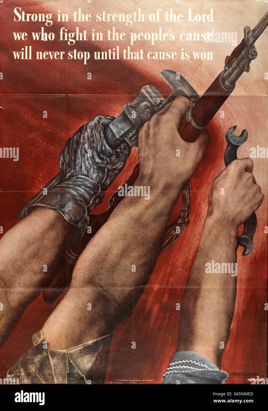 A World War II propaganda poster features three individuals—two men and ...