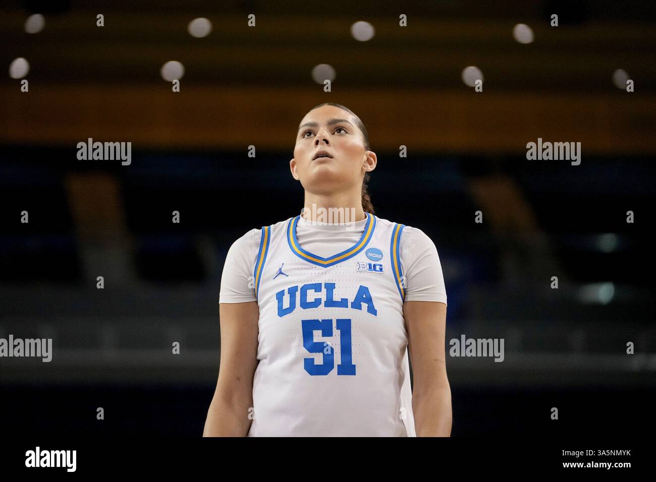UCLA center Lauren Betts (51) warms up before a game against Richmond in the second round of the ...