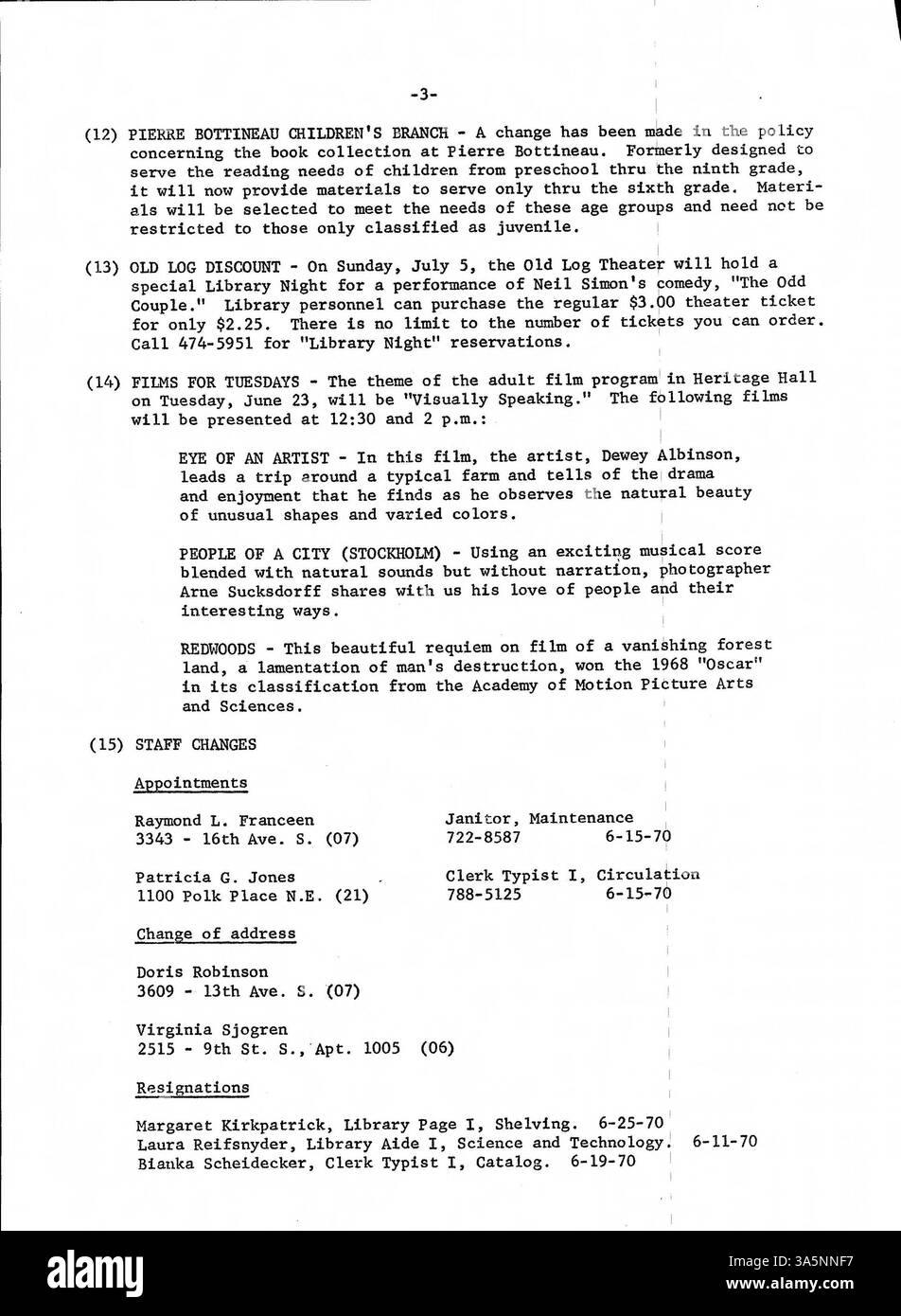 The Minneapolis Public Library bulletin from 1970 offers weekly updates ...