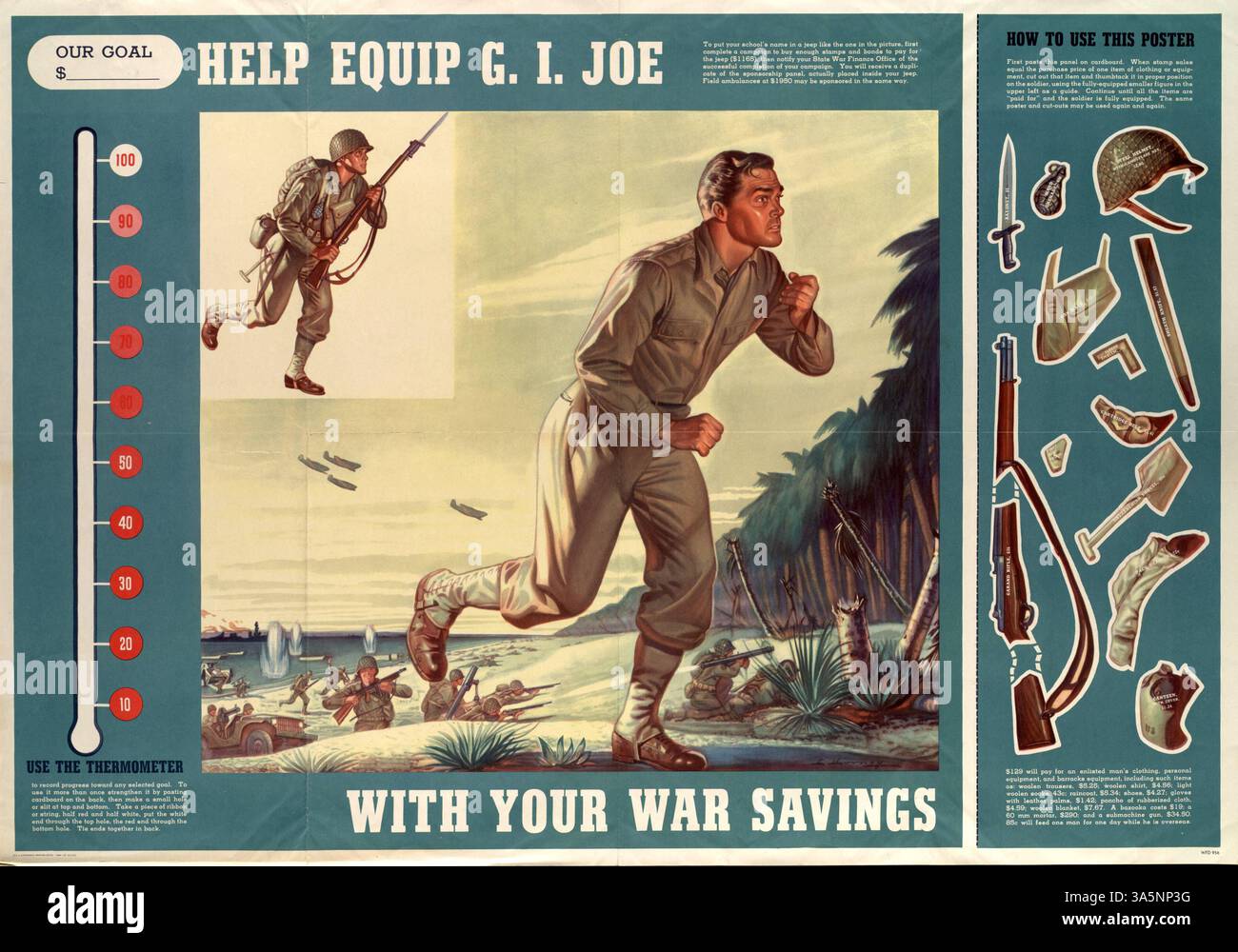 A World War II poster shows an unarmed soldier on a Pacific Island ...