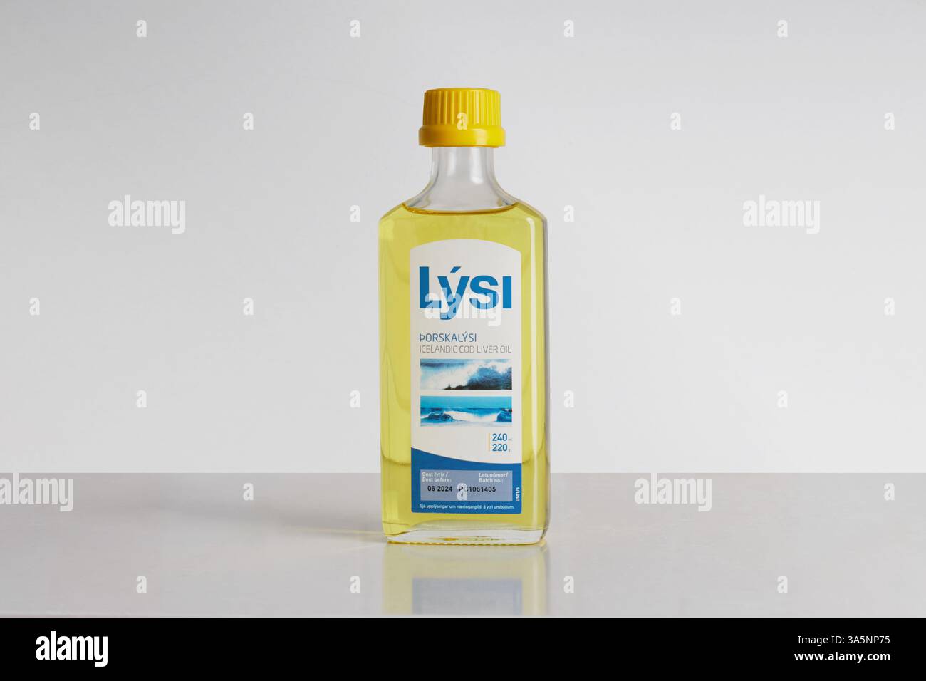 bottle of Lysi brand Icelandic cod liver oil on a soft white background ...