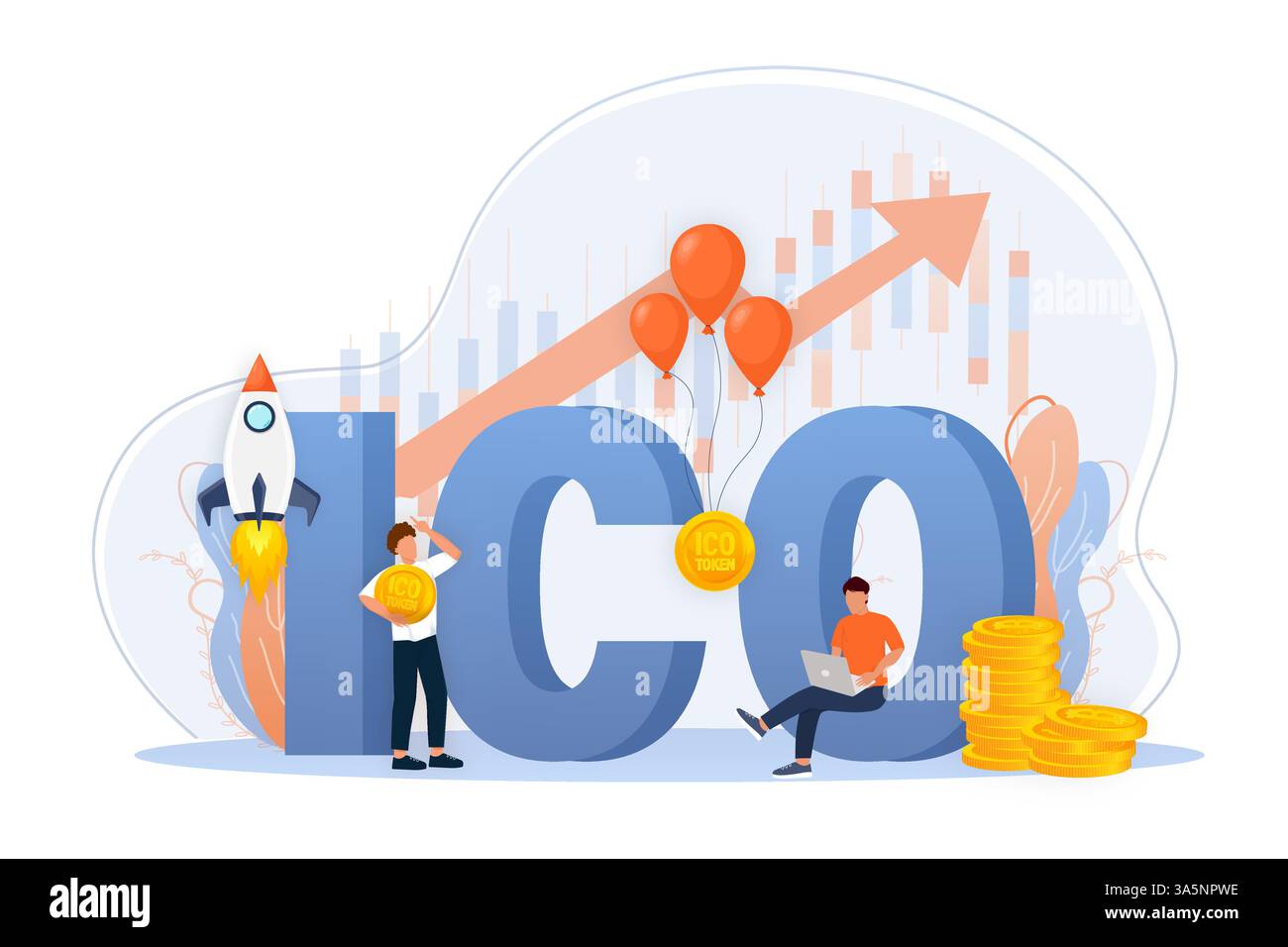 Initial coin offering, ICO Token production process vector illustration. Cryptocurrency trading ...