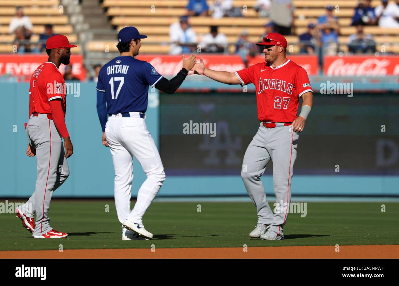 Los Angeles Dodgers' Shohei Ohtani (17) greets Los Angeles Angels' Mike ...