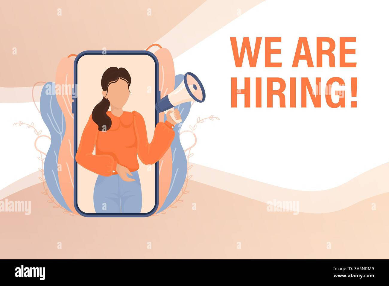 Woman shouting in megaphone. We are hiring word. Vector illustration ...