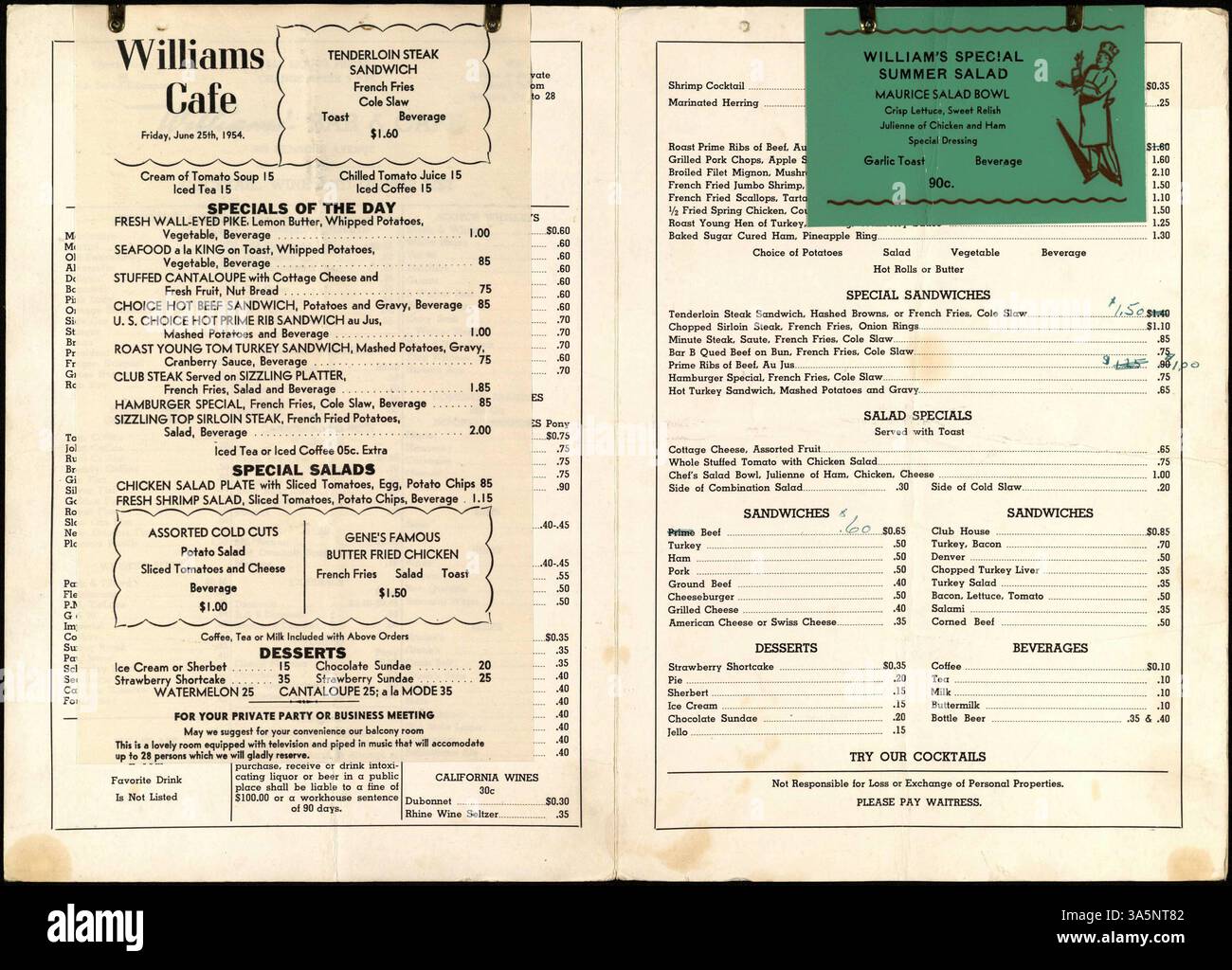 This vintage bi-fold menu from Williams' Bar and Cafe showcases a ...