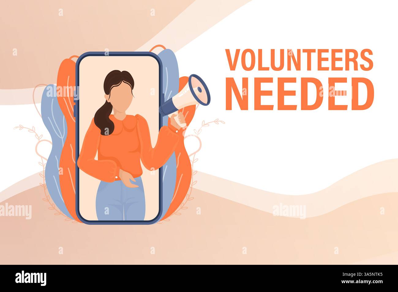 Template with blue volunteers needed man holding megaphone on white ...