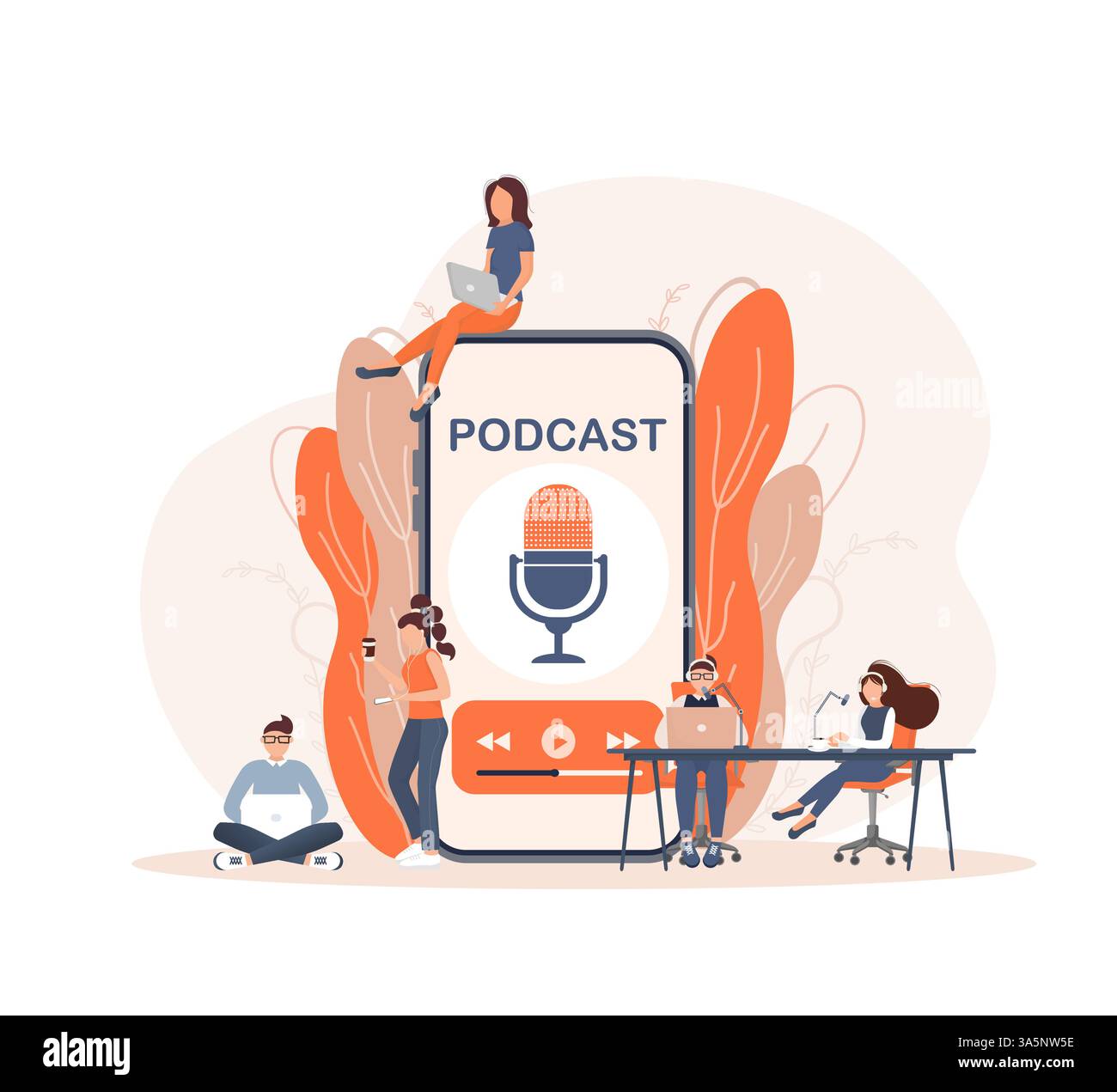 Live webcast in flat style with people. Listen to podcast. Flat ...