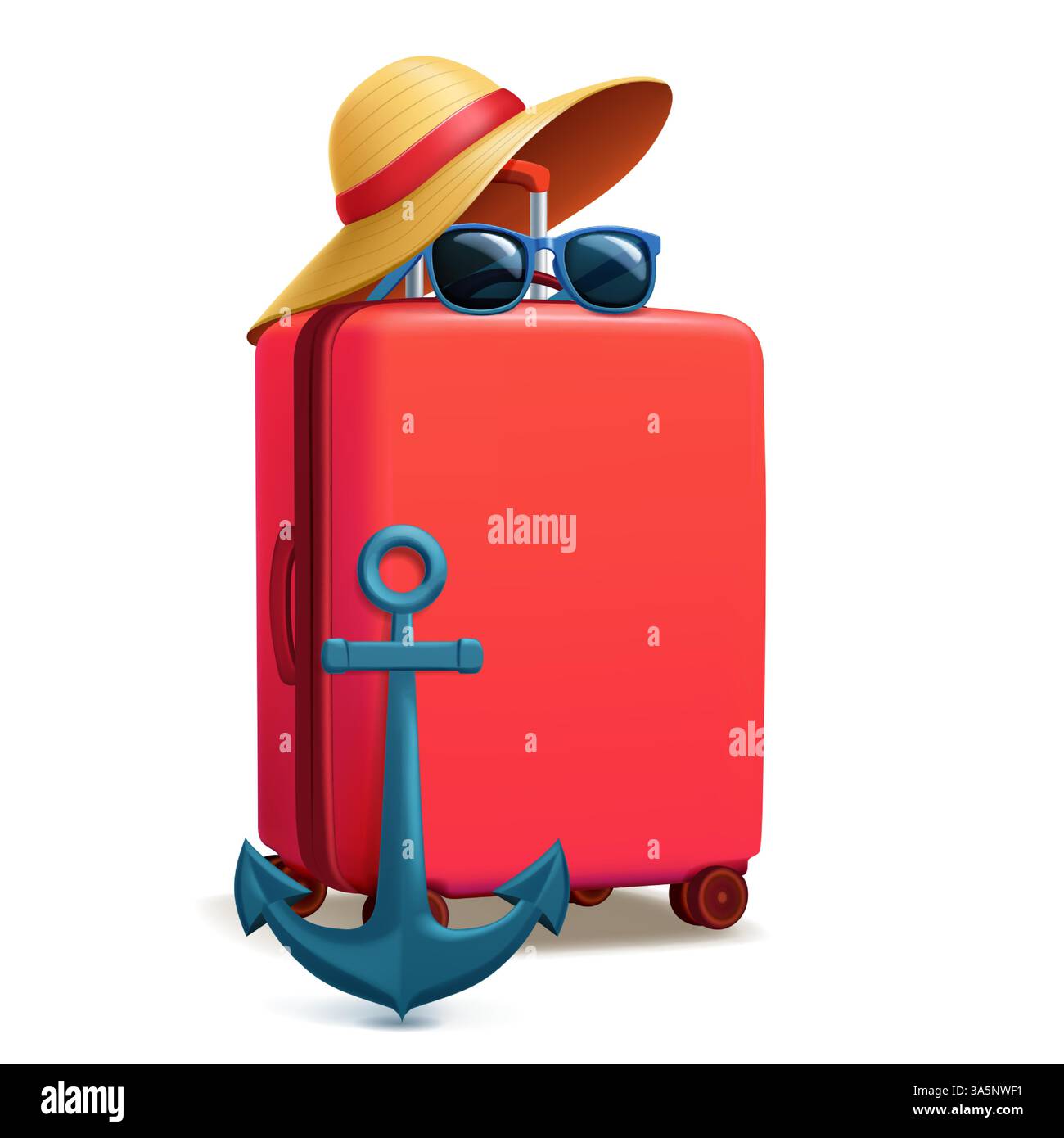A vibrant red suitcase is accessorized with a stylish straw hat, blue ...